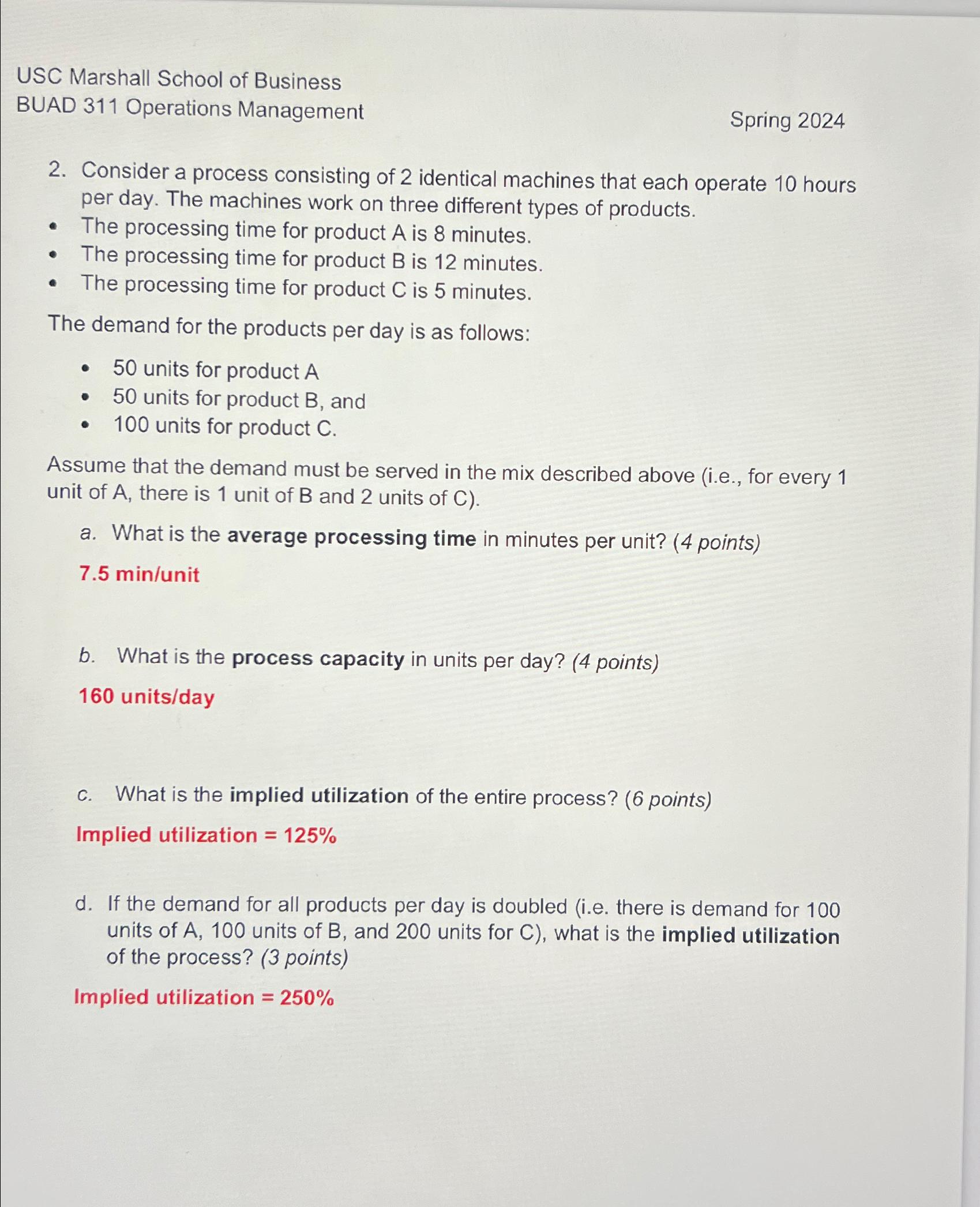 Solved USC Marshall School of BusinessBUAD 311 ﻿Operations | Chegg.com
