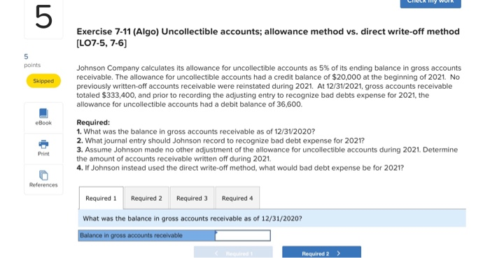 Solved Exercise 7-11 (Algo) Uncollectible accounts; | Chegg.com