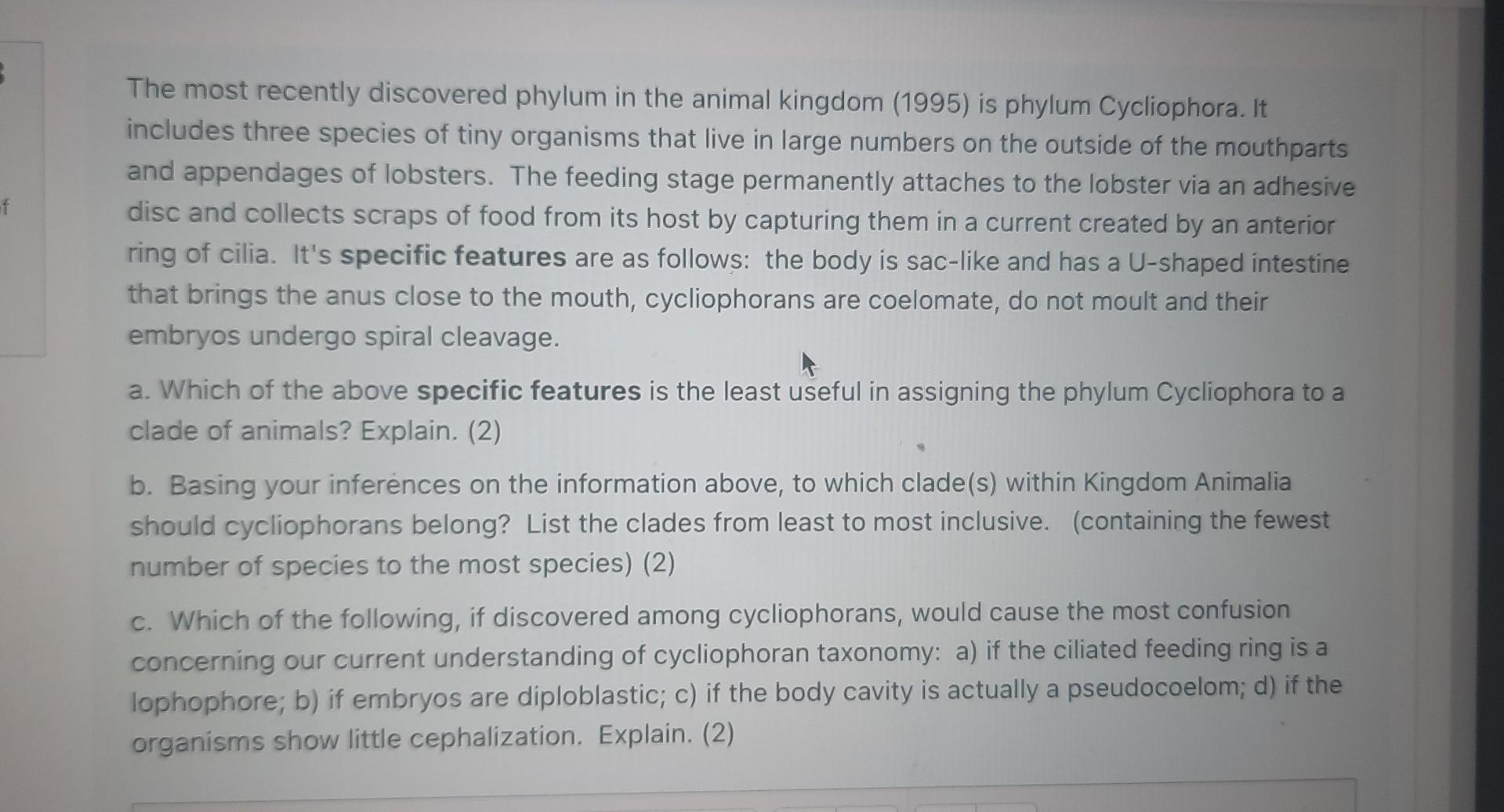 Solved 3 of The most recently discovered phylum in the | Chegg.com