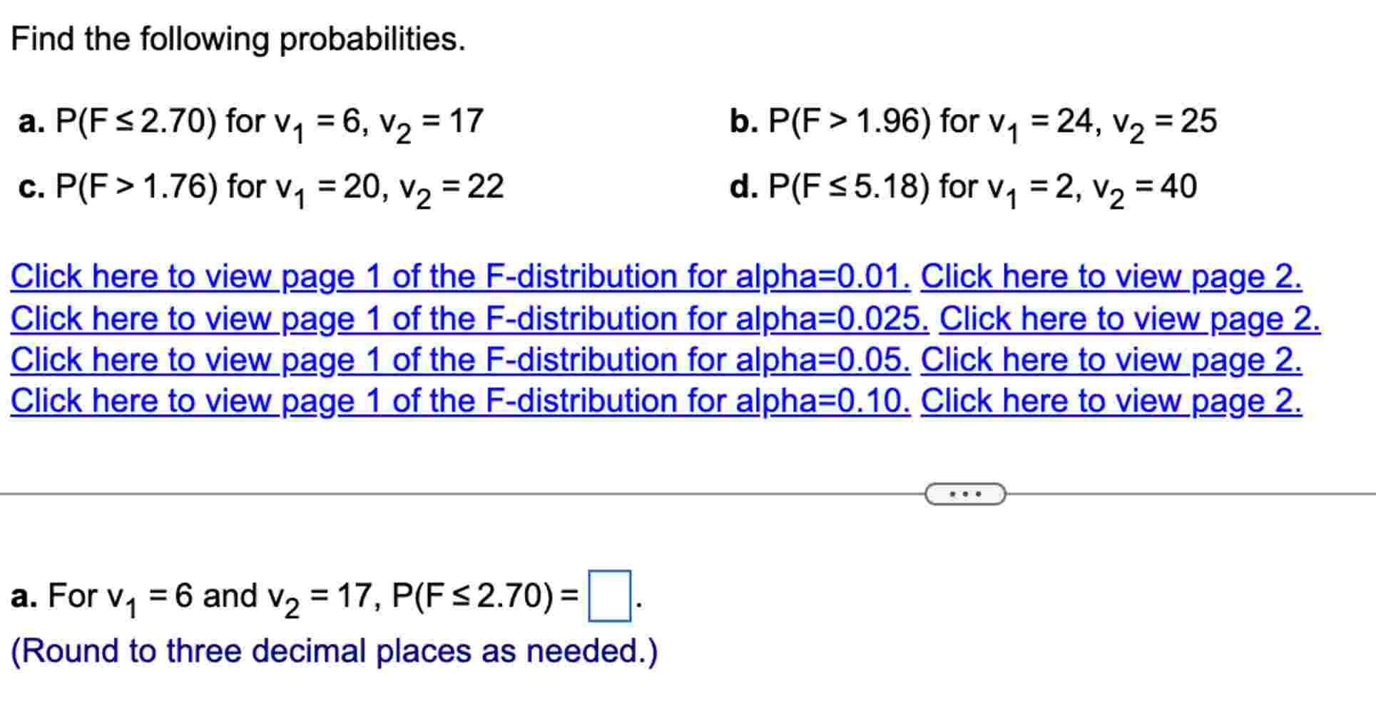 Solved Click here to view page 1 ﻿of the F-distribution for | Chegg.com