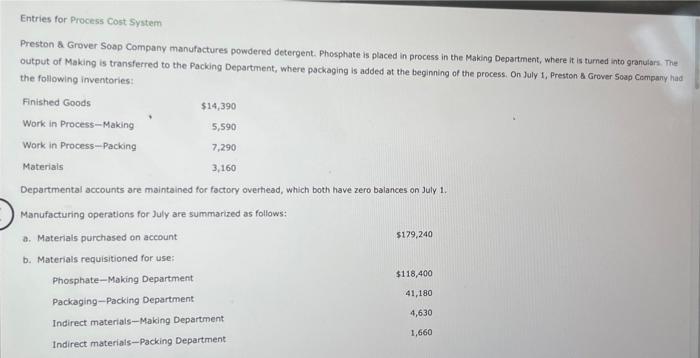 Solved Entries for Process Cost System Preston 8 Grover Soap | Chegg.com