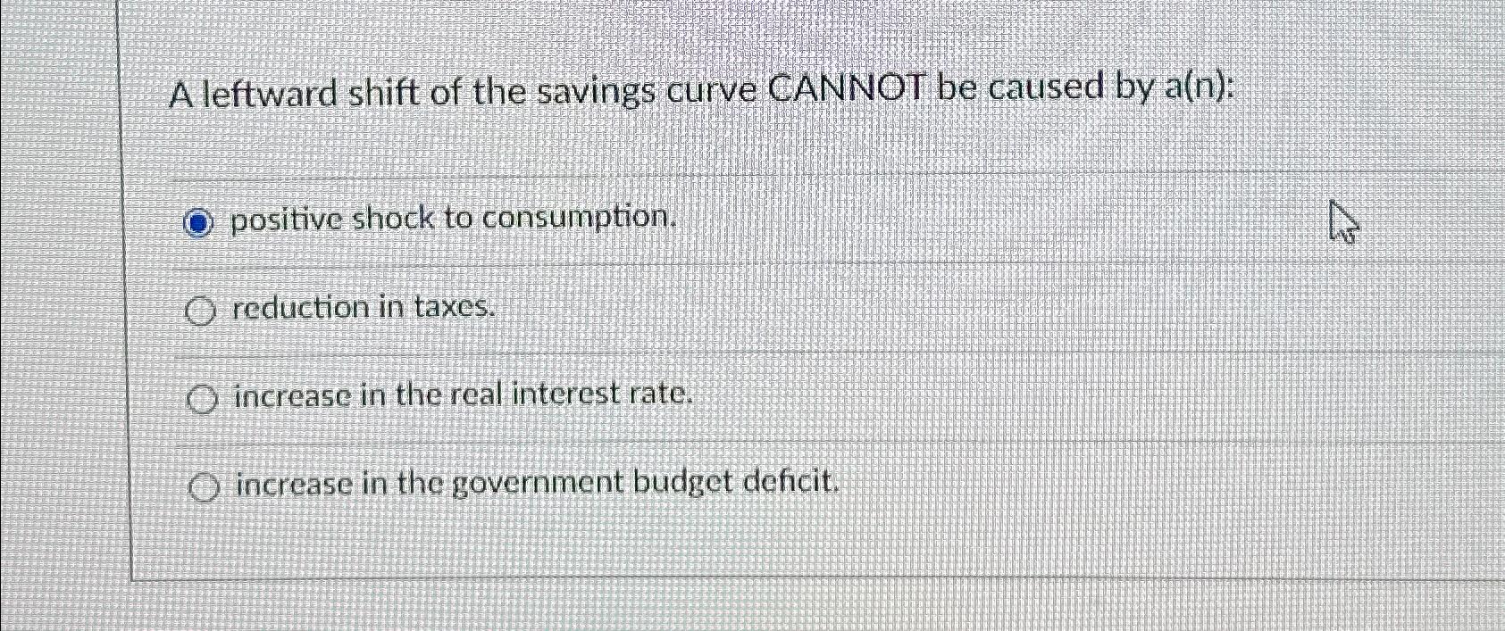 Solved A leftward shift of the savings curve CANNOT be | Chegg.com