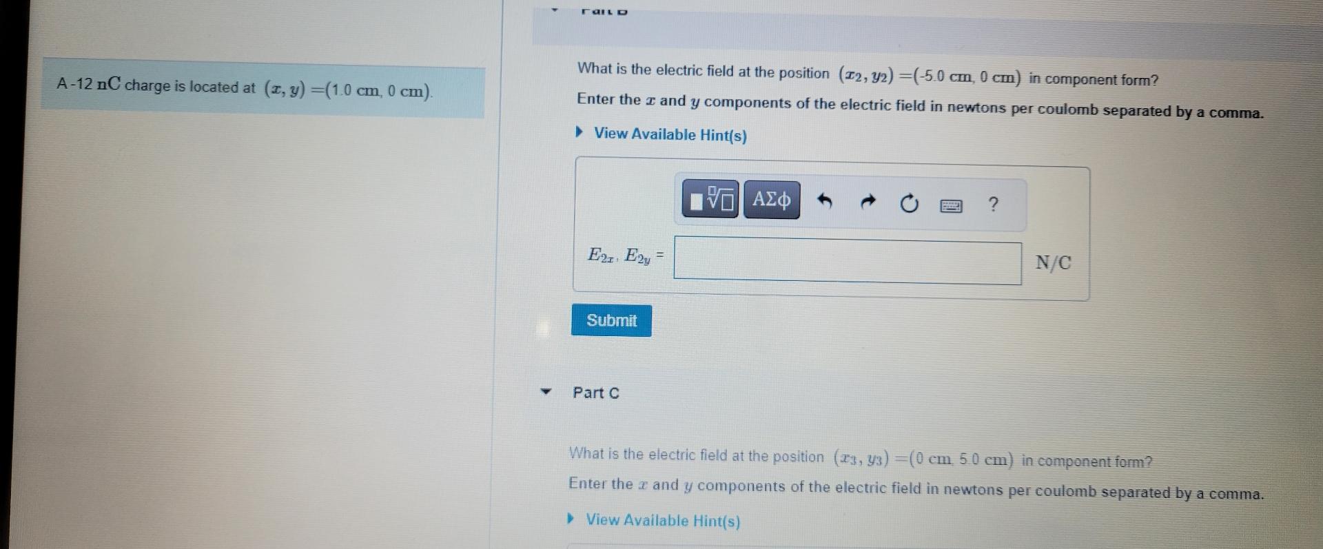 Solved A -12nC ﻿charge is located at (x,y)=(1.0cm,0cm).What | Chegg.com