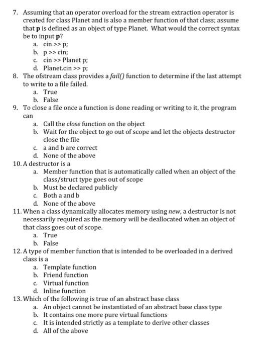 Solved 7. Assuming that an operator overload for the stream | Chegg.com