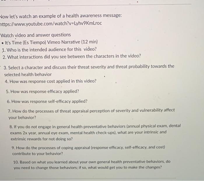 ow let's watch an example of a health awareness | Chegg.com