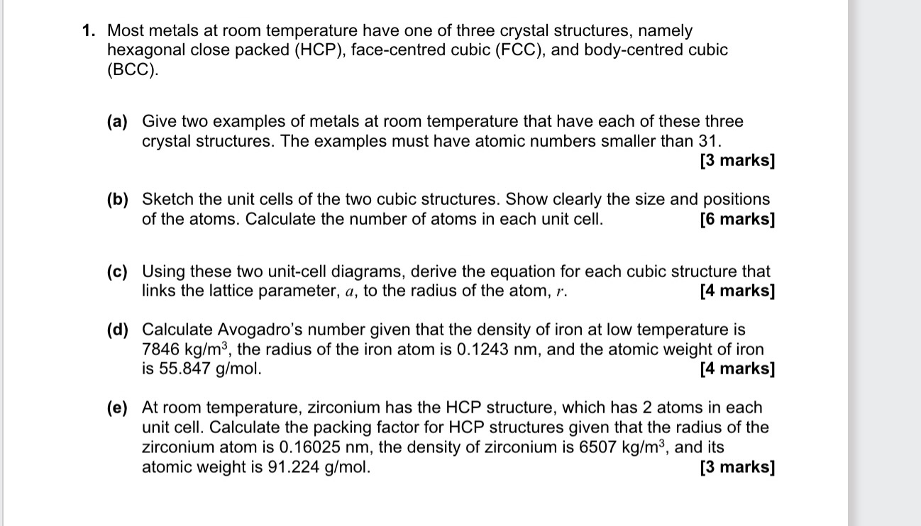 Solved Most metals at room temperature have one of three | Chegg.com
