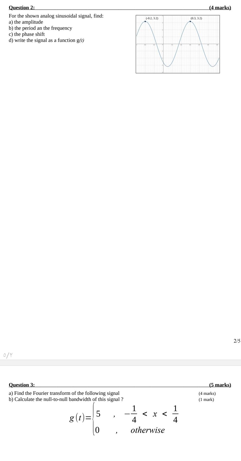 Question 2: For the shown analog sinusoidal signal, | Chegg.com