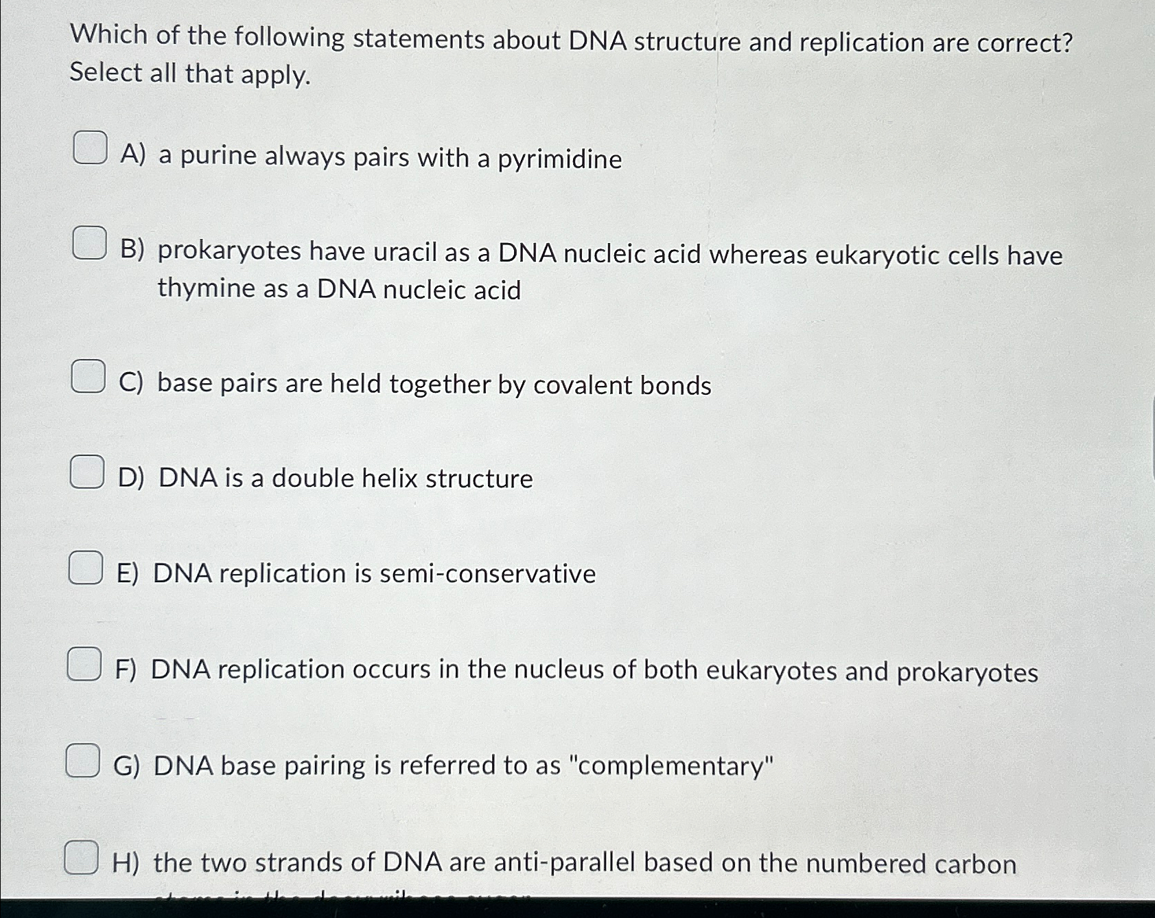 Solved Which of the following statements about DNA structure | Chegg.com