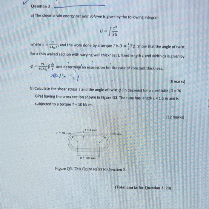 Solved Question 3 a) The shear strain energy per unit volume | Chegg.com