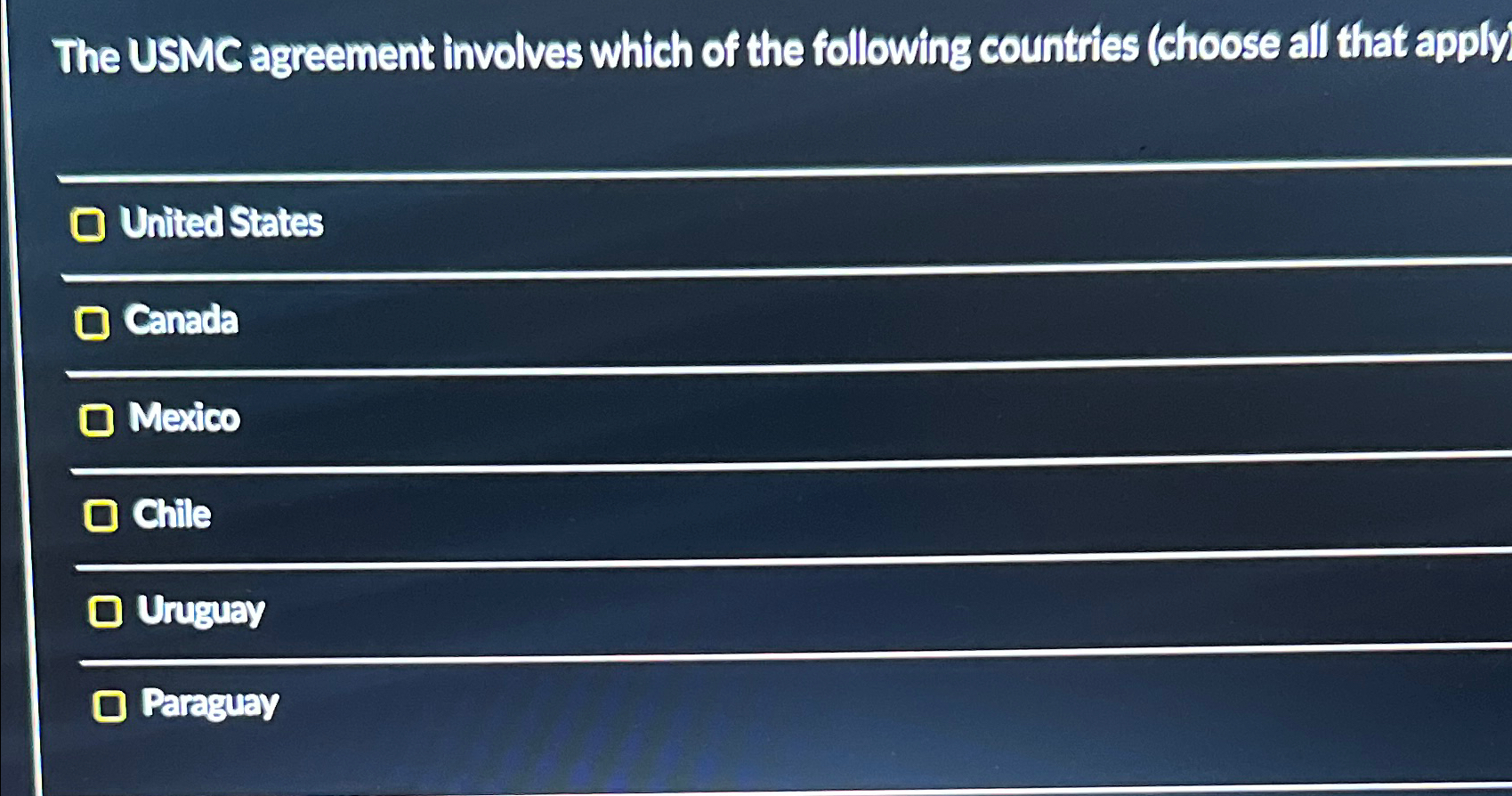 Solved The USMC agreement involves which of the following | Chegg.com