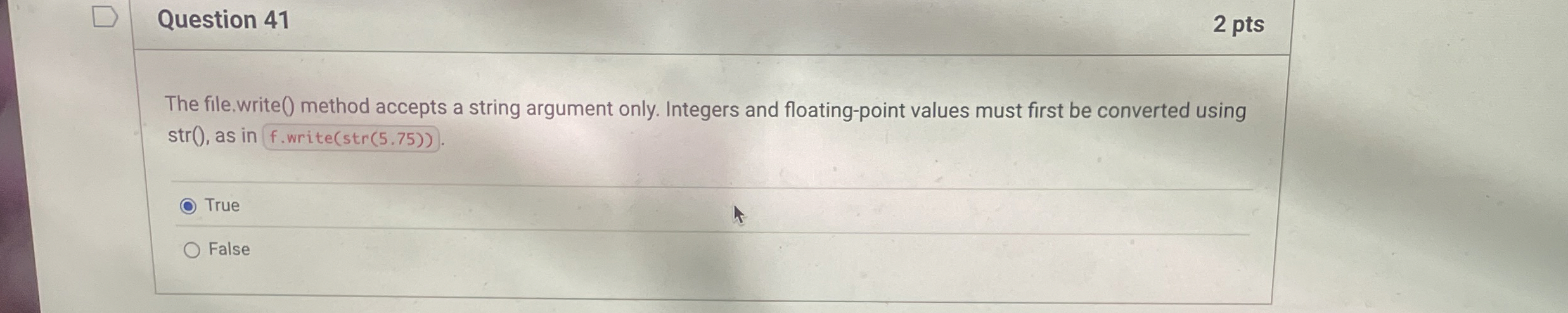 Solved Question 412 ﻿ptsThe file.write() ﻿method accepts a | Chegg.com