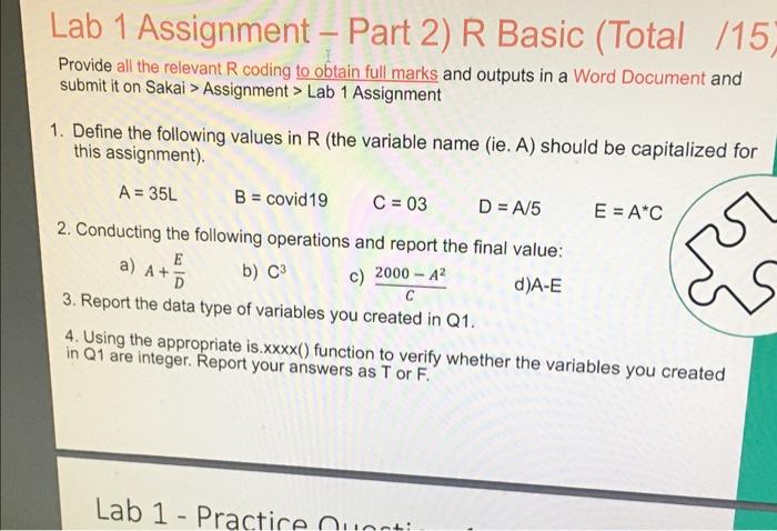 Solved Lab 1 Assignment - Part 2) R Basic (Total (15) / | Chegg.com