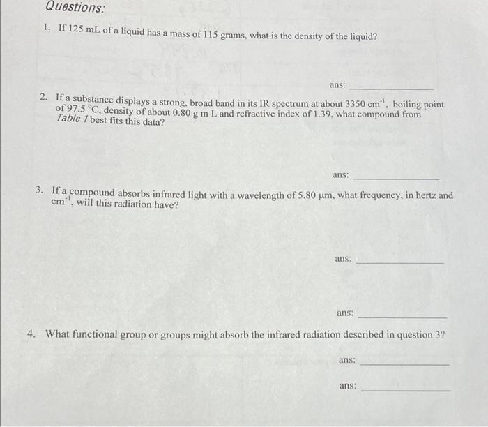 Solved 1. If 125 mL of a liquid has a mass of 115 grams, | Chegg.com