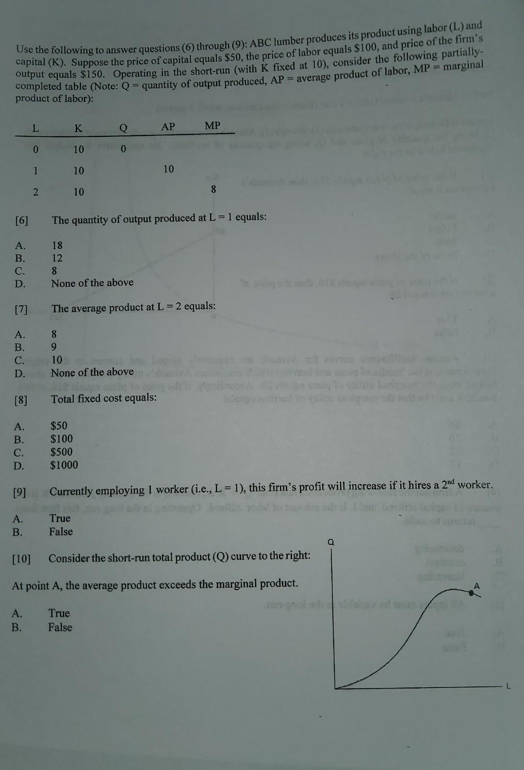 Solved Use the following to answer questions (6) through | Chegg.com