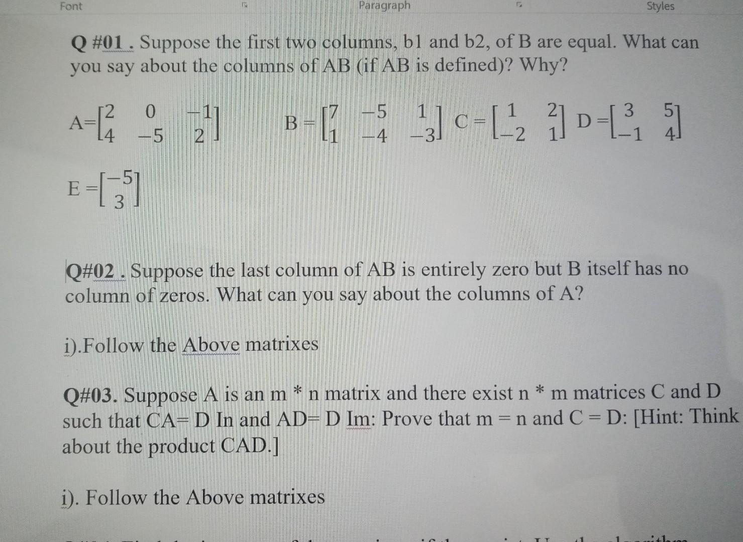 Solved Q #01. Suppose the first two columns, b1 and b2, of B | Chegg.com