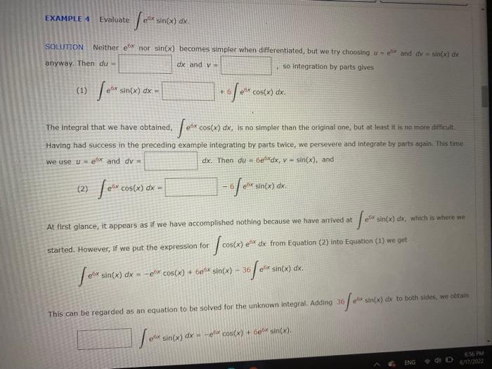 Solved EXAMPLE 4 Evaluate fo ex sin(x) dx. SOLUTION Neither | Chegg.com