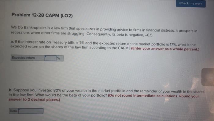 Solved Check my work Problem 12-28 CAPM (LO2) We Do | Chegg.com