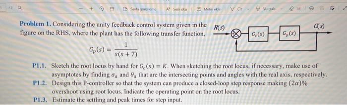 Solved Problem 1. Considering the unity feedback control | Chegg.com