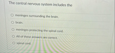 Solved The central nervous system includes themeninges | Chegg.com