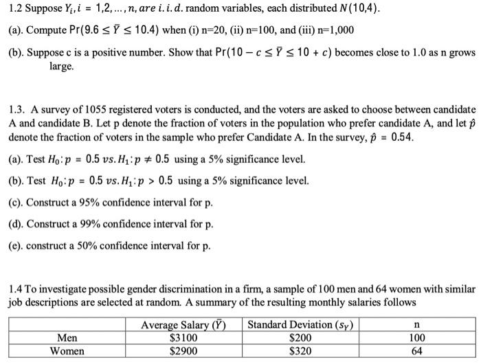 Solved 1.2 Suppose Yi,i=1,2,…,n, are i.i.d. random | Chegg.com