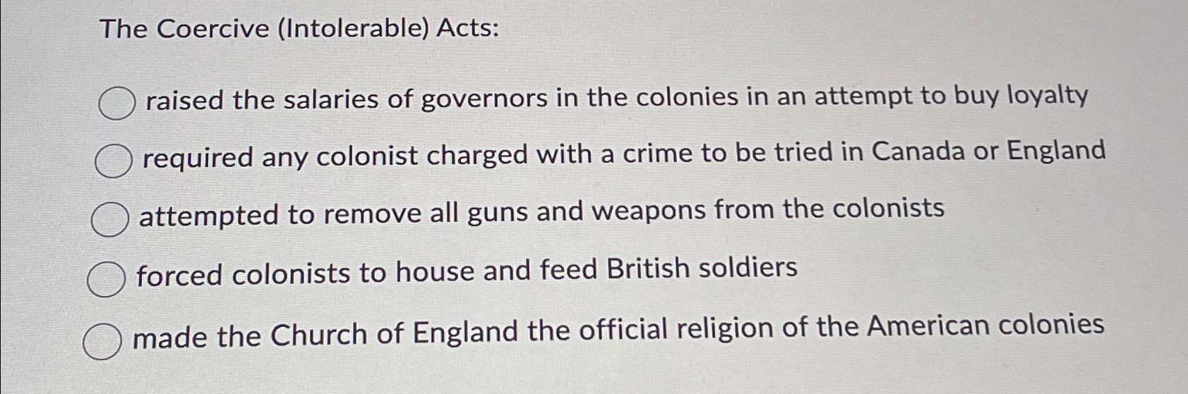 Solved The Coercive (Intolerable) ﻿Acts:raised the salaries | Chegg.com
