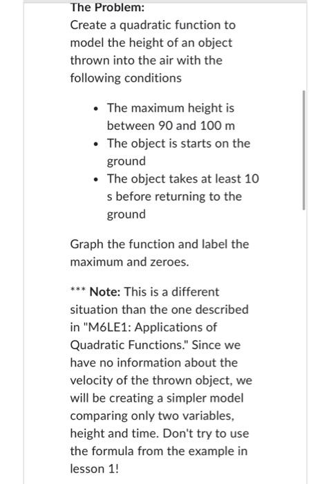Solved The Problem: Create a quadratic function to model the | Chegg.com