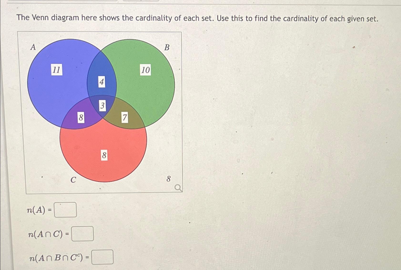 Solved The Venn diagram here shows the cardinality of each | Chegg.com