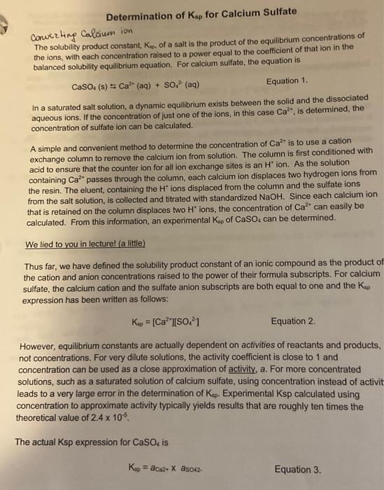 Determination of Ksp for calcium sulfate experiment | Chegg.com
