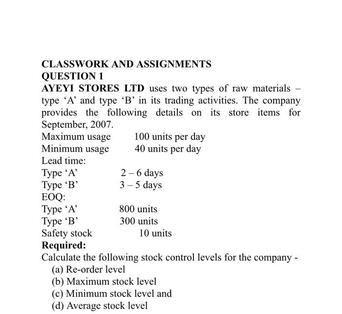 Solved Type A Type B Classwork And Assignments Question 1254