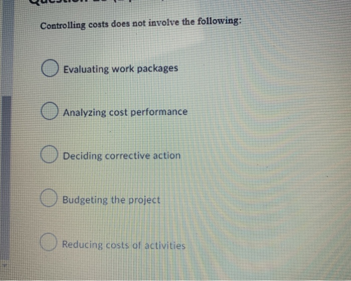 Solved Controlling costs does not involve the following: | Chegg.com
