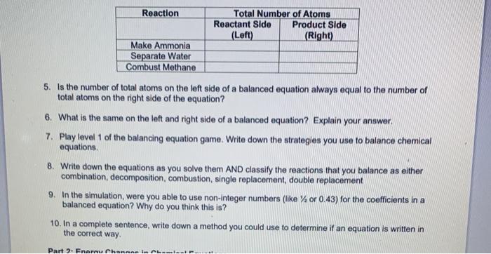 Solved Reaction Total Number of Atoms Reactant Side Product | Chegg.com