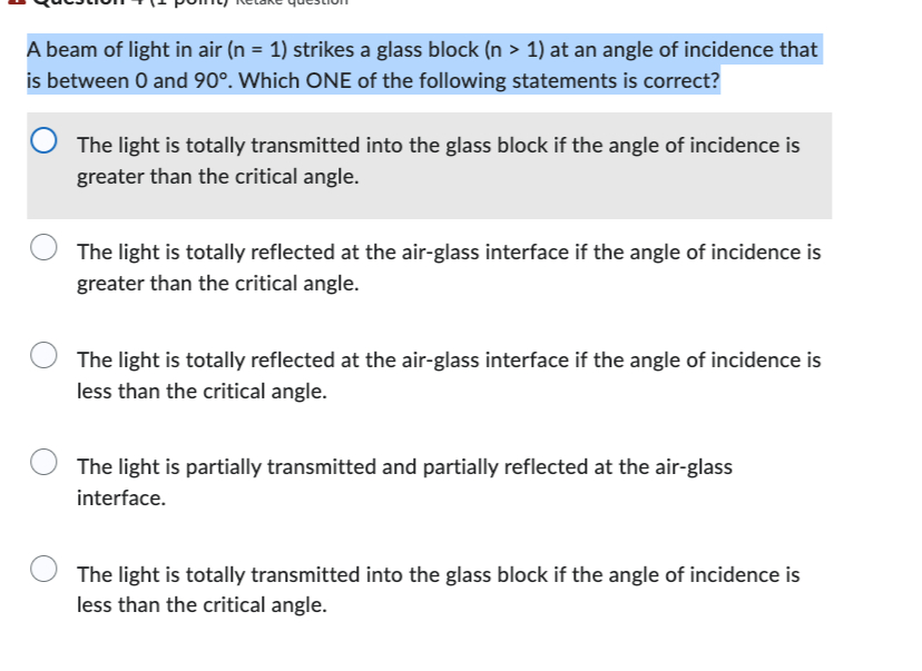 Solved A beam of light in air ( n=1 ) ﻿strikes a glass block | Chegg.com