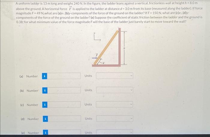 Solved A uniform ladder is 13 m long and weigh 240 N. In the | Chegg.com