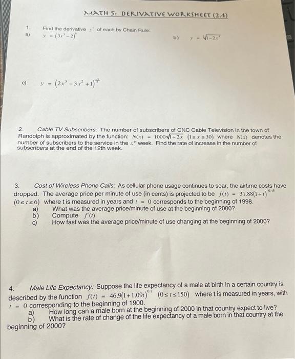 MATH 5: DERIVATIVE WORKSHEET (2.4) 1 a) Find the | Chegg.com