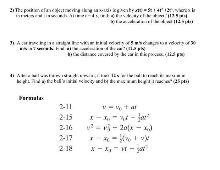 Solved 2 The Position Of An Object Moving Along An X Axis