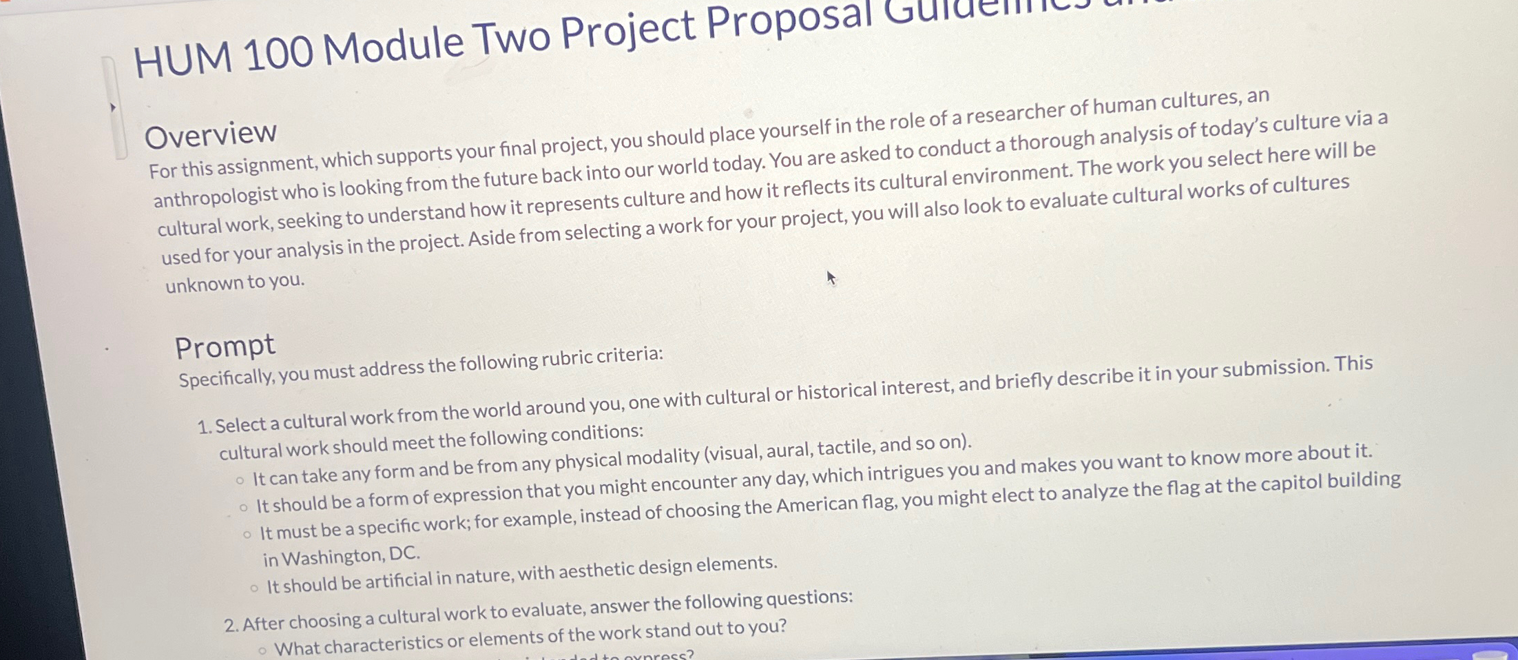 Solved HUM 100 ﻿Module Two Project ProposalOverviewFor this | Chegg.com