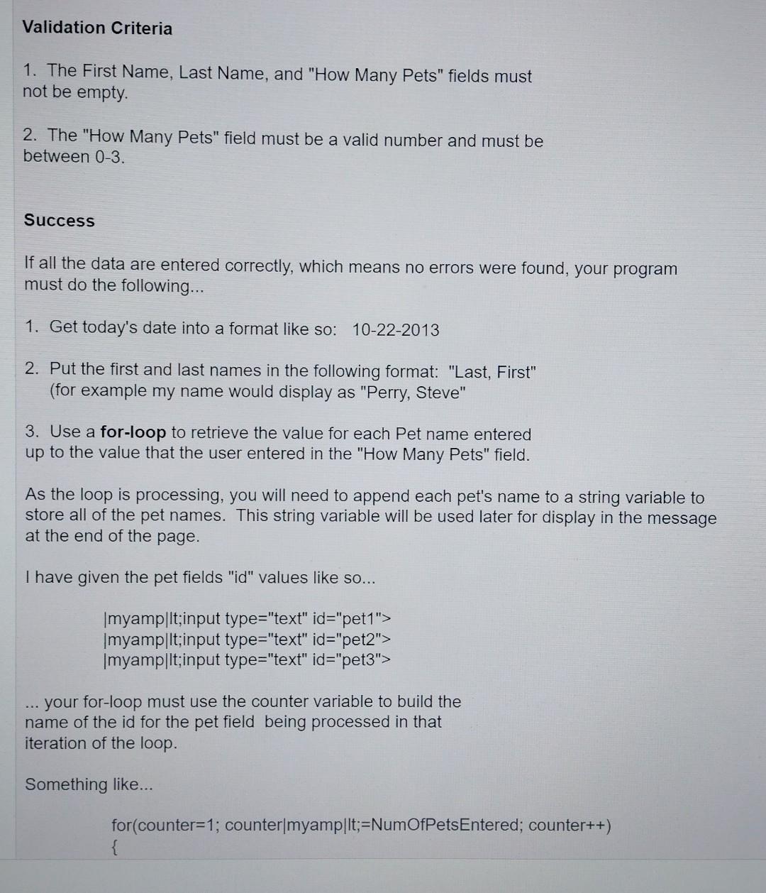 Solved JavaScript requirements and HTML how many pets | Chegg.com