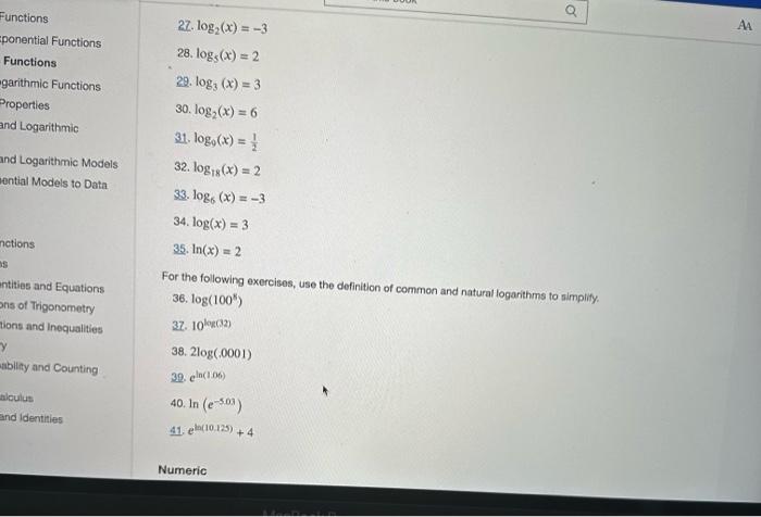 Solved Functions ponential Functions Functions garithmic | Chegg.com