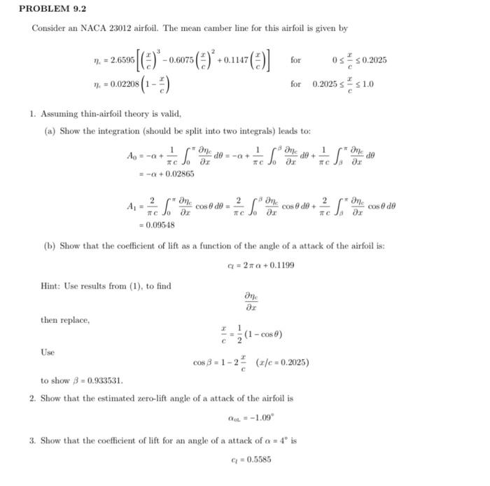 Solved PROBLEM 9.2 Consider an NACA 23012 airfoil. The mean | Chegg.com