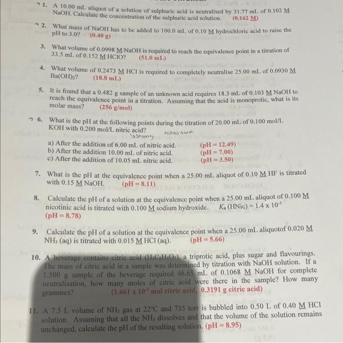 Solved 71. A 10.00 mL aliquot of a solution of sulphuric | Chegg.com