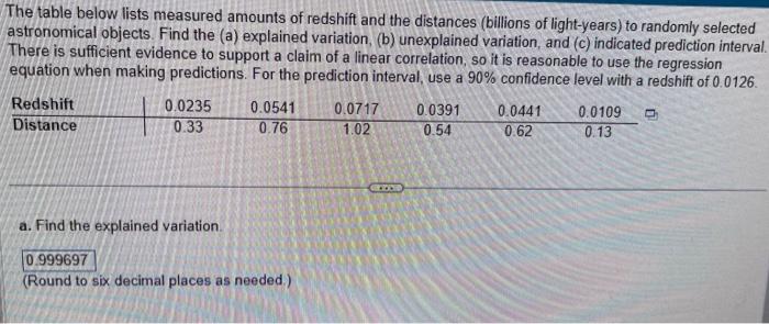 Solved The table below lists measured amounts of redshift | Chegg.com