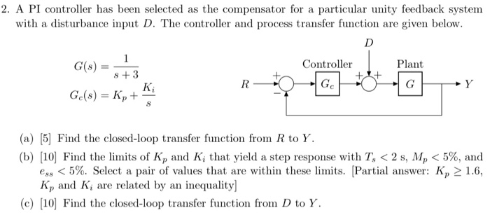 Solved 2. A PI controller has been selected as the | Chegg.com