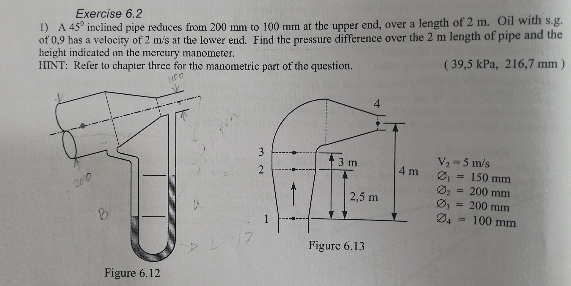 Solved Exercise 6.2 1) A 45∘ inclined pipe reduces from 200 | Chegg.com