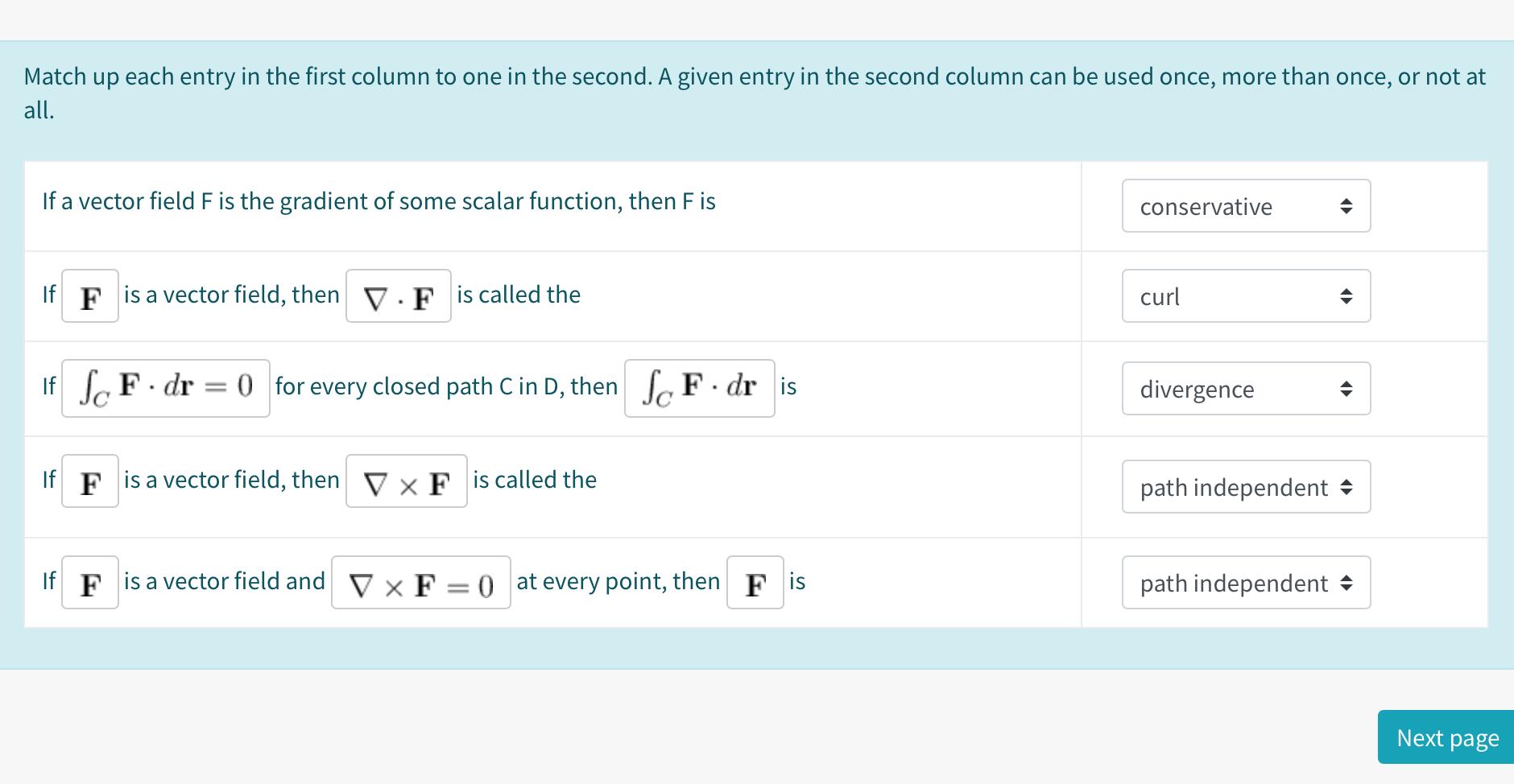 Solved Match up each entry in the first column to one in the | Chegg.com