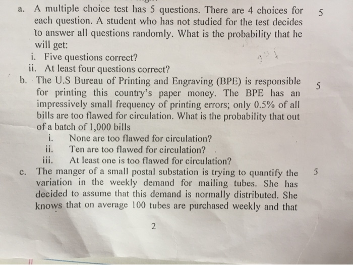 Solved 5 5 a. A multiple choice test has 5 questions. There | Chegg.com