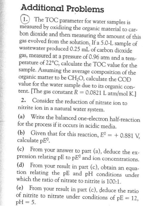 Solved Additional Problems (1.) The TOC parameter for water | Chegg.com
