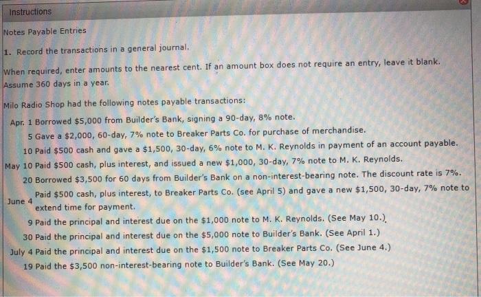 Solved Instructions Notes Payable Entries 1. Record the | Chegg.com