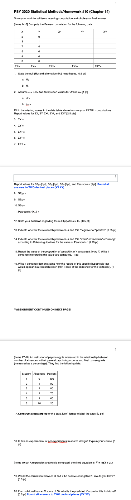 Solved PSY 3020 ﻿Statistical Methods/Homework #10 (Chapter | Chegg.com