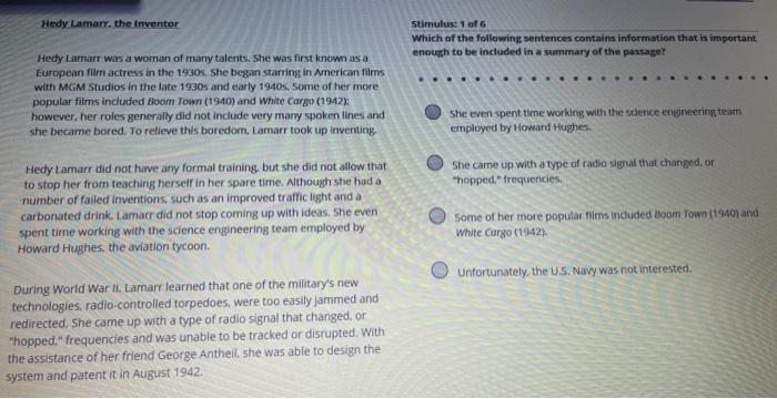 Solved Hedy Lamarr. the inventor Stimulus: 1 of 5 Which of | Chegg.com