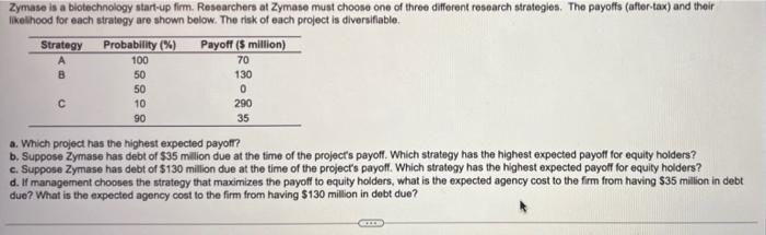 Solved Zymase is a biotechnology start-up firm. Researchers | Chegg.com